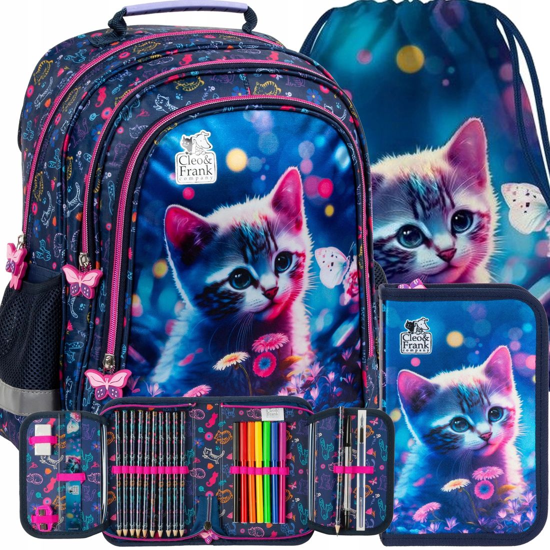 PLECAK SZKOLNY CLEO FRANK DLA DZIEWCZYNKI KOTKI KOTEK KLASA 1 3 zestaw – 212302172 - ERLI.pl