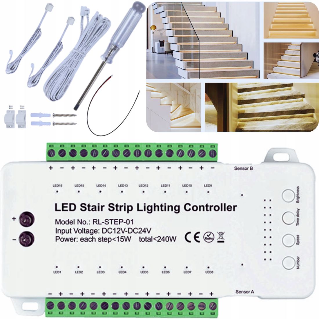 Sterownik schodowy LED 16 stopni kanałów schodów 12-24V 240W CZUJNIKI ...