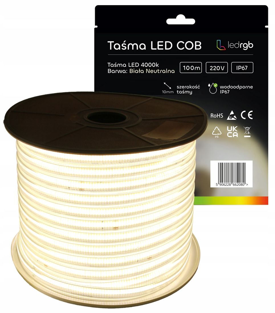 Taśma LED Neon COB 220V 230V 100m 4000K BIAŁA NEUTRALNA WODOODPORNA ...