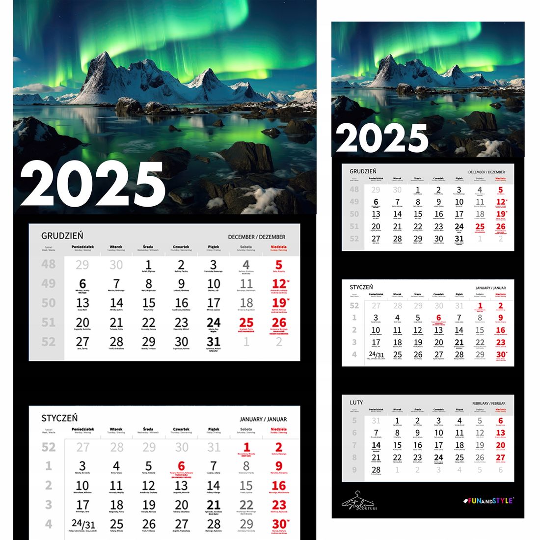 KALENDARZ TRÓJDZIELNY 2025 Na Ścianę Na Prezent KRAJOBRAZY Zorza Wzory - ERLI.pl