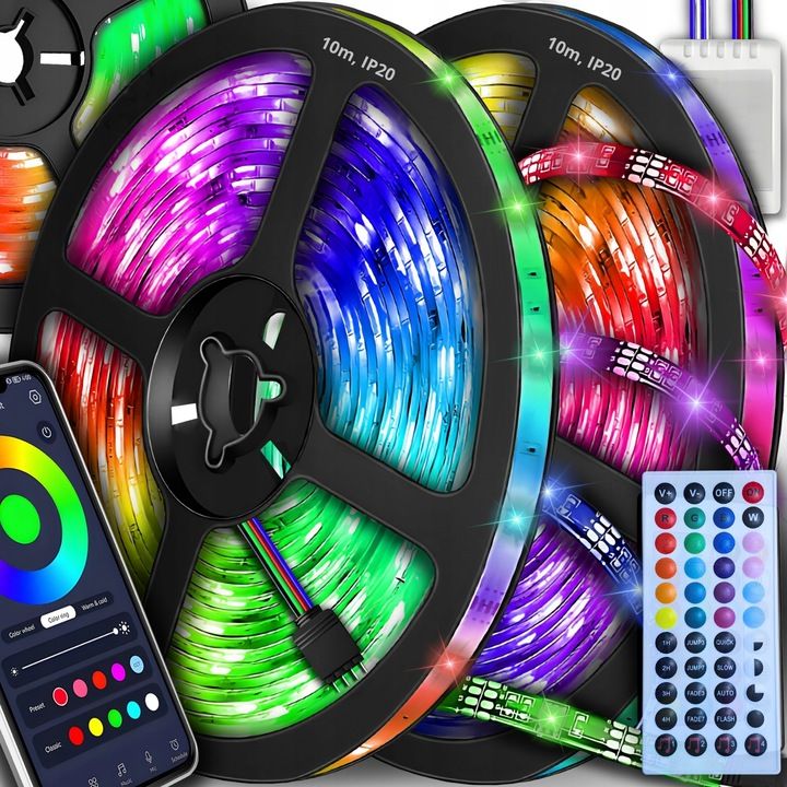 TAŚMA LED RGB 20m Ledy 5050 Listwa RGBW 230v 12v MOCNA NA PILOTA ...