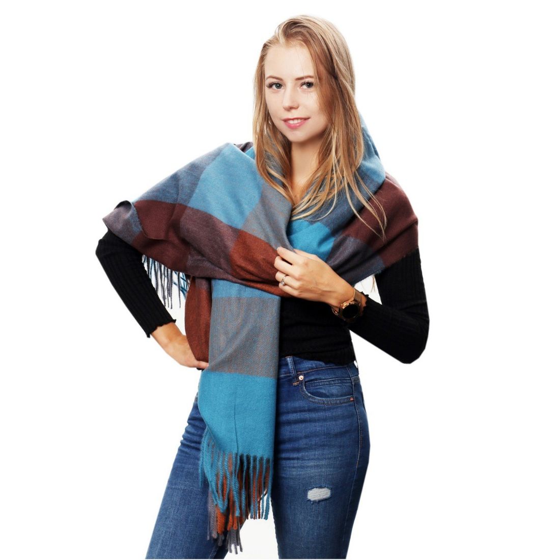 Szalik damski modny szal ciepły w kratę elegancki duży AX-13 – 215373782 - ERLI.pl