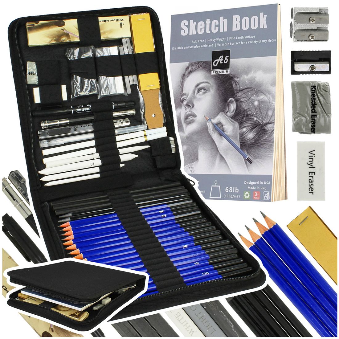 ZESTAW DO SZKICOWANIA RYSOWANIA ZESTAW OŁÓWKÓW KREDEK ETUI ...