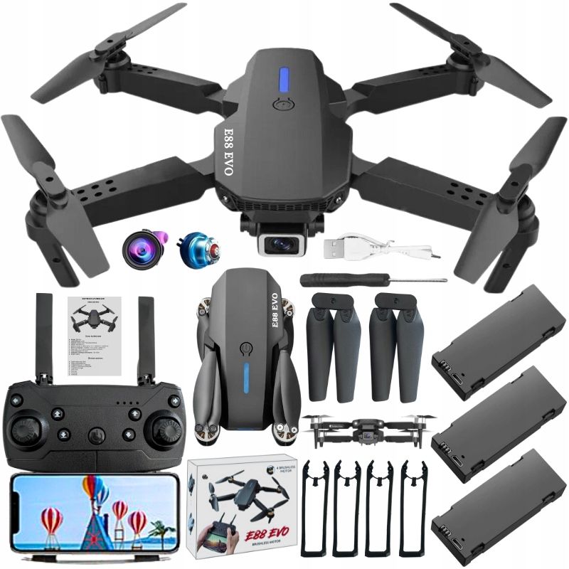 ZESTAW DRON z KAMERĄ E88 PRO EVO 3 Baterie Wifi Dla Dzieci LED ...