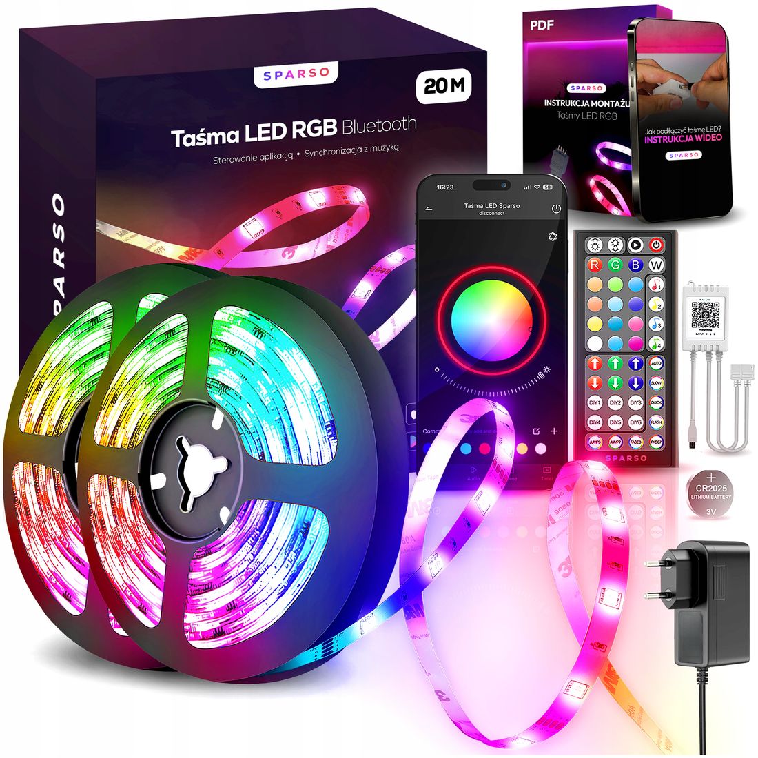 TAŚMA LED RGB 20M LEDY 230V 12V z PILOTEM Bardzo mocna ZESTAW ...