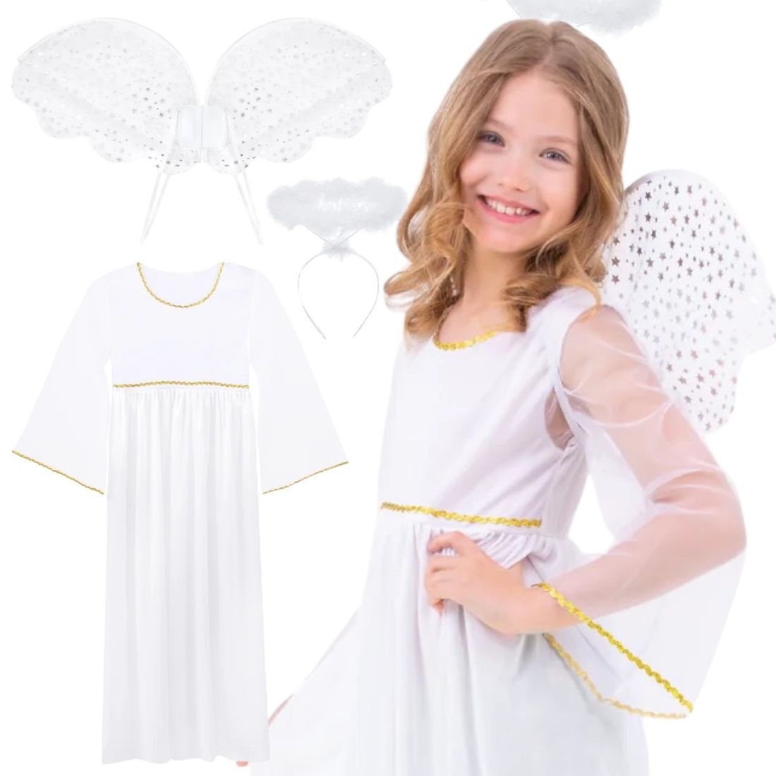 Strój Anioła Biała SUKIENKA Skrzydełka Aureolka ANIOŁEK JASEŁKA 120-130 ...
