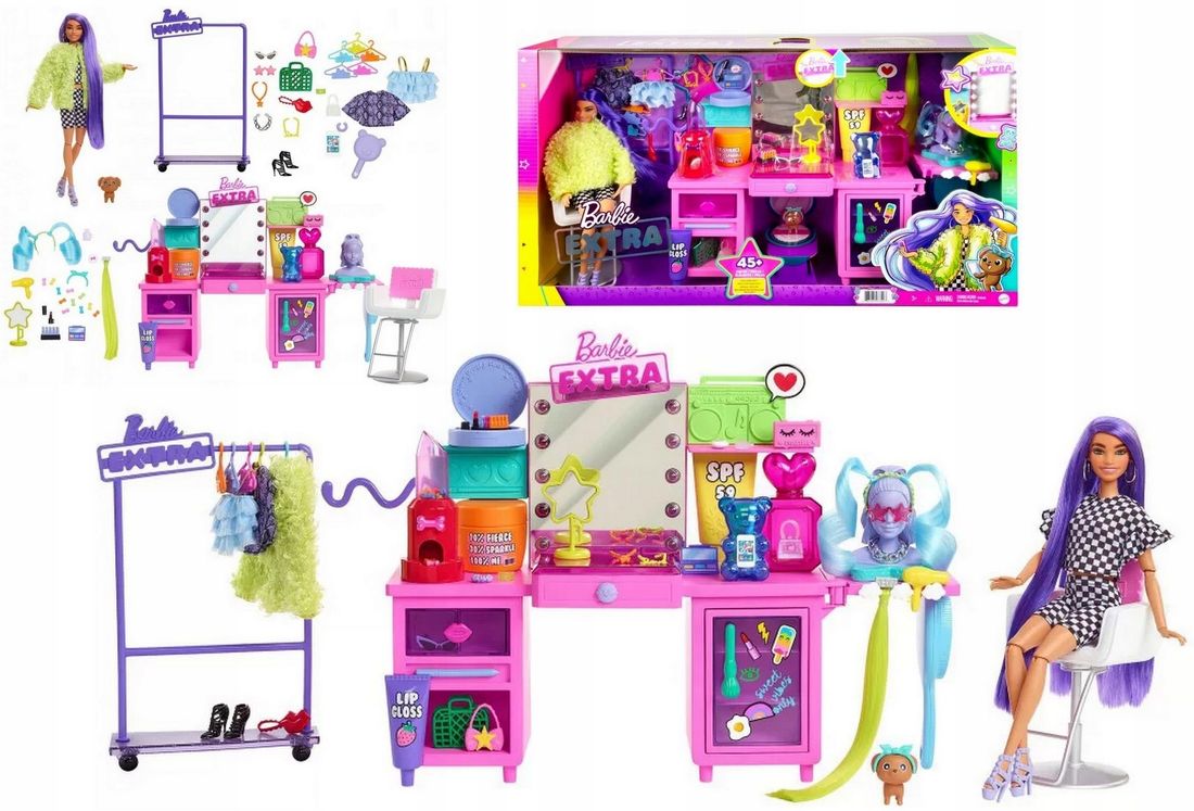 Barbie Extra Zestaw Lalka i toaletka ze światłem+piesek i 45 el. GYJ70 ...