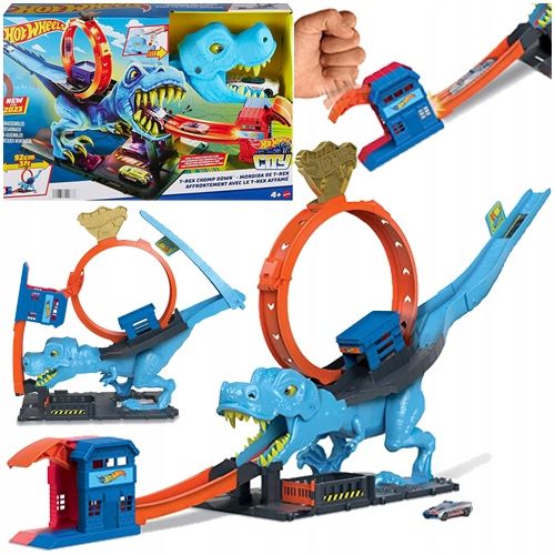 HOT WHEELS CITY PĘTLA T-REXA ATAK DINOZAURA TOR SAMOCHODOWY POLICJA ...