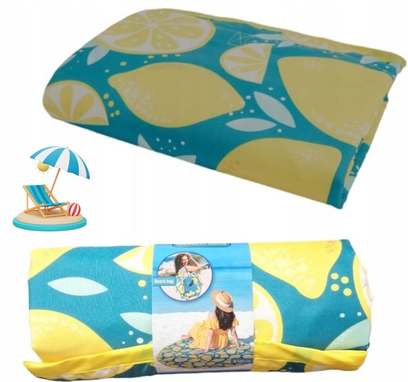 OKRĄGŁA KOLOROWA MATA I TORBA PLAŻOWA 2w1 NA PIKNIK W CYTRYNY 140 cm ...