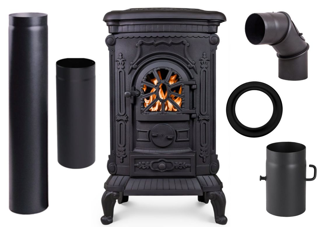 POLSKI PIEC wolnostojący ŻELIWNY KOMINEK KOZA INGRID EKO + ZESTAW RUR ...