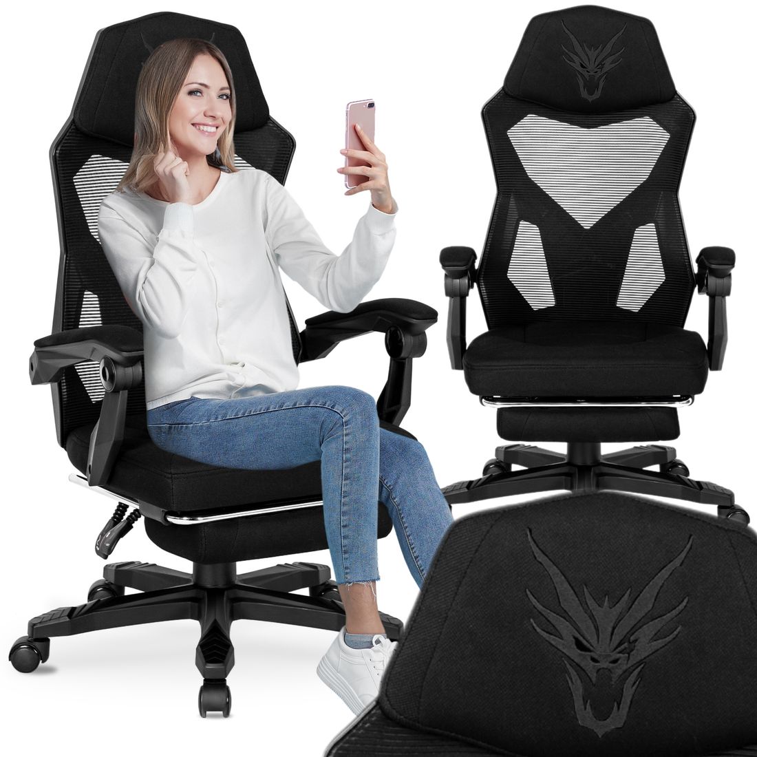 Fotel Gamingowy Obrotowy Krzesło Biurowe z Podnóżkiem Czarny BING ...