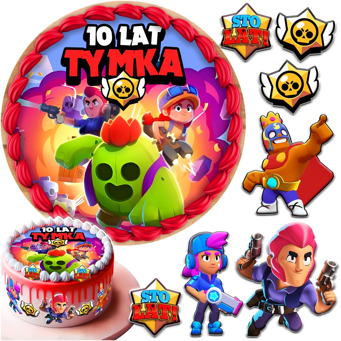 MEGA ZESTAW OPŁATEK NA TORT BRAWL STARS SPIKE GRA GRACZ WYDRUK TORTOWY ...