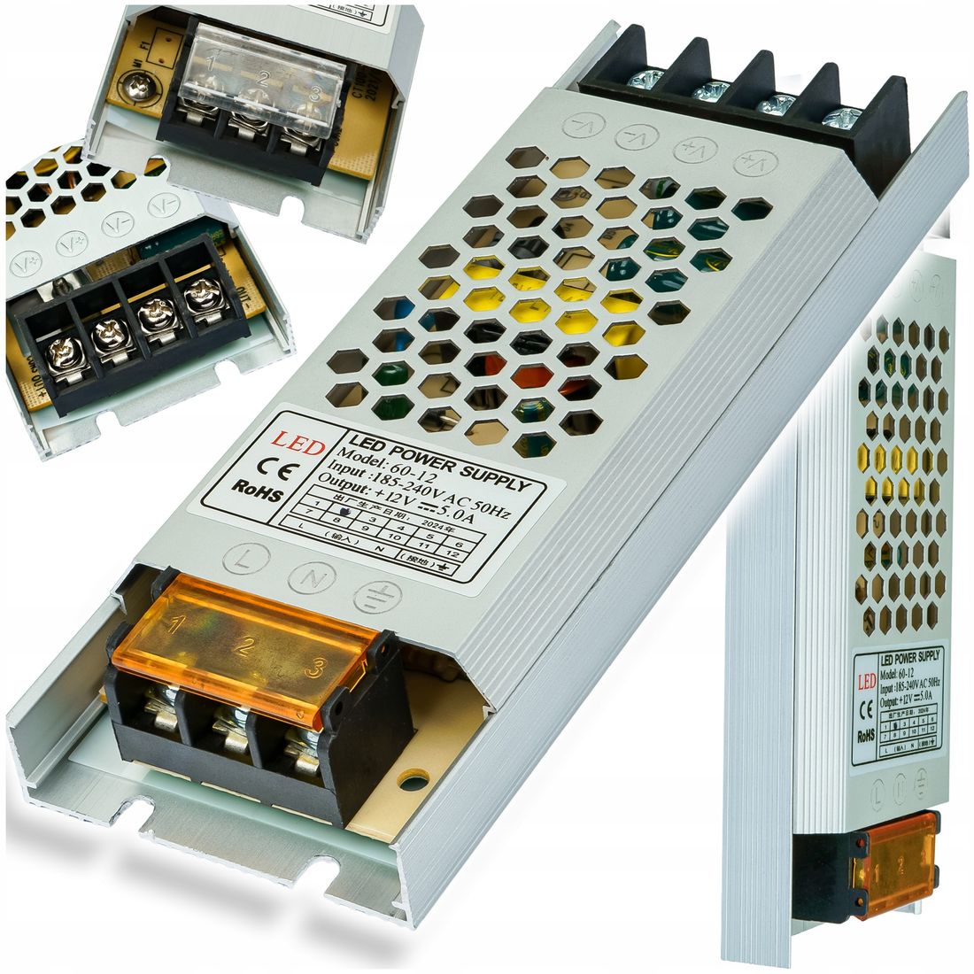 Zasilacz LED 12V 60W 5A Montażowy Modułowy TRANSFORMATOR SLIM do taśm ...