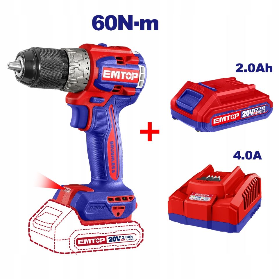 Wiertarko-wkrętarka akumulatorowa 20V + akumulator 2 Ah + ładowarka ...