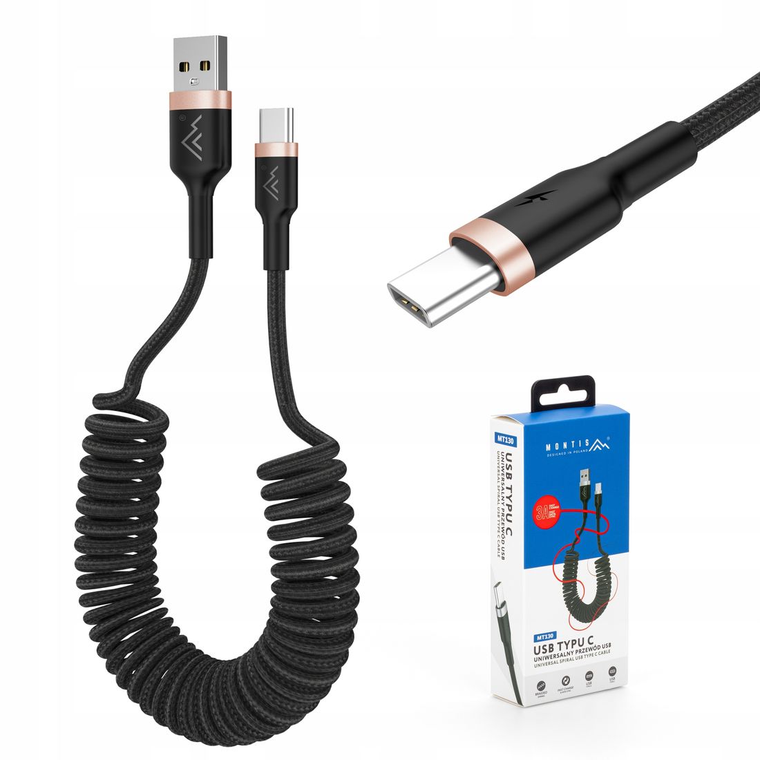 MOCNY KABEL PRZEWÓD SPIRALNY SPRĘŻYNKA USB USB-C OPLOT 3A 1,5M DO AUTA ...