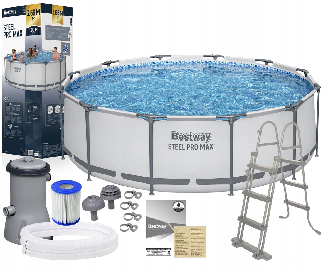 Bestway 56418 Basen Ogrodowy Stelażowy 366x100cm Drabinka Pompa – 225838385 - ERLI.pl
