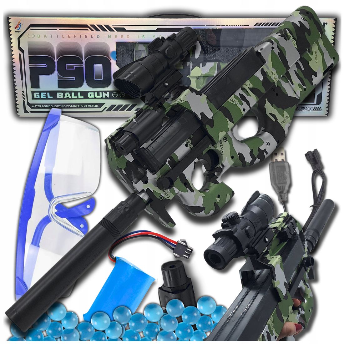 P90 DUŻY PISTOLET ELEKTRYCZNY KARABIN AUTOMAT NA KULKI ŻELOWE WODNE ORBEEZ – 165547577 - ERLI.pl