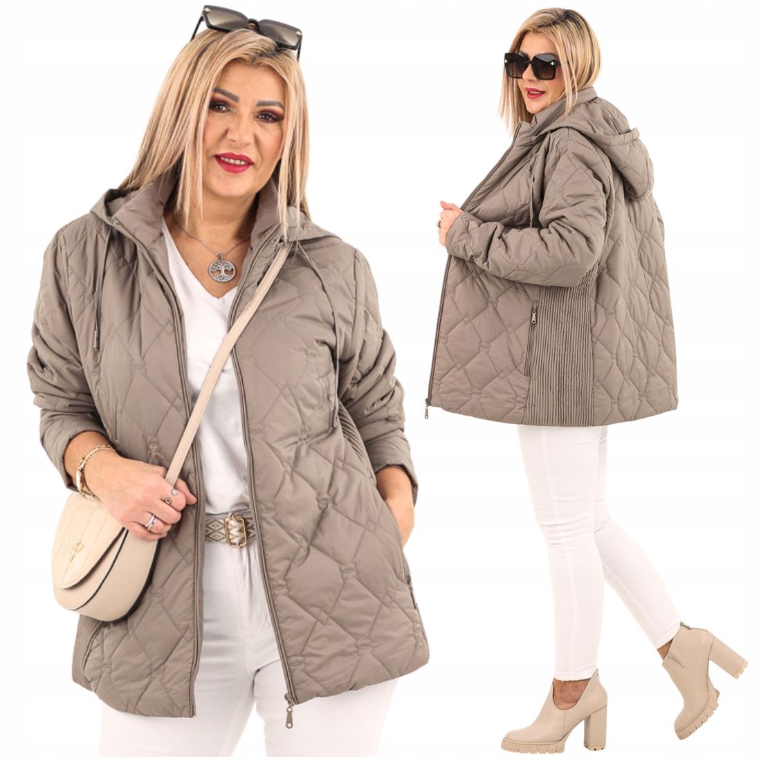 KURTKA PRZEJŚCIOWA DAMSKA Z KAPTUREM LEKKA PIKOWANA OVERSIZE DUŻE ...