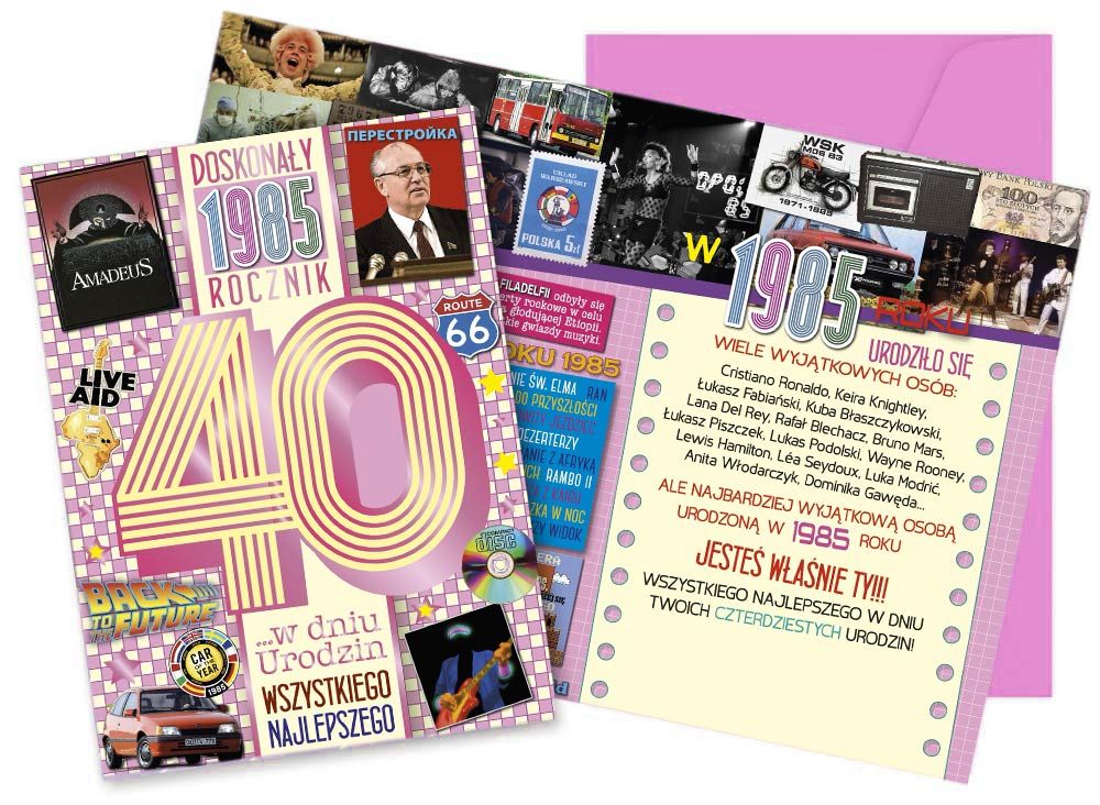 KARTKA Z ŻYCZENIAMI NA 40 URODZINY DLA KOLEŻANKI ROCZNIK 1985 TO BYŁ ROK – 229995421 - ERLI.pl