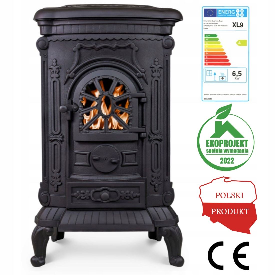 Zdobiony Polski kominek wolnostojący ŻELIWNY Piec Ingrid KOZA EKO ...