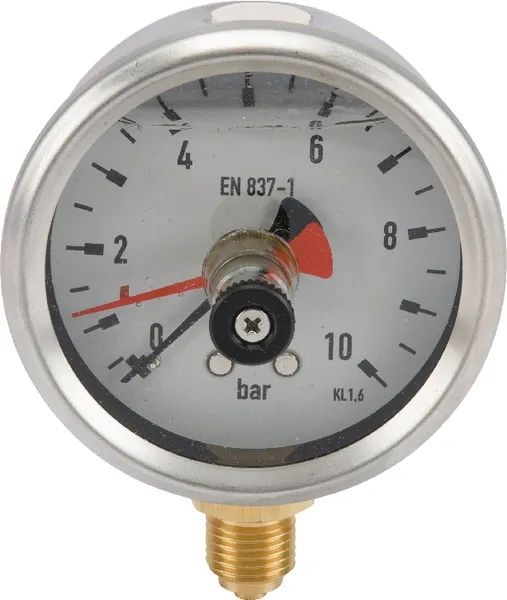 Manometr glicerynowy, 63 mm 0-10 bar, przyłącze dolne 1/4" ze wskaźnikiem – 231303607 - ERLI.pl