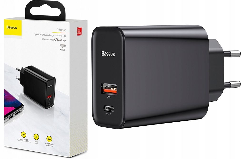 BASEUS ŁADOWARKA USB-C PD + USB QC SuperCharge 5A – 20532210 - ERLI.pl