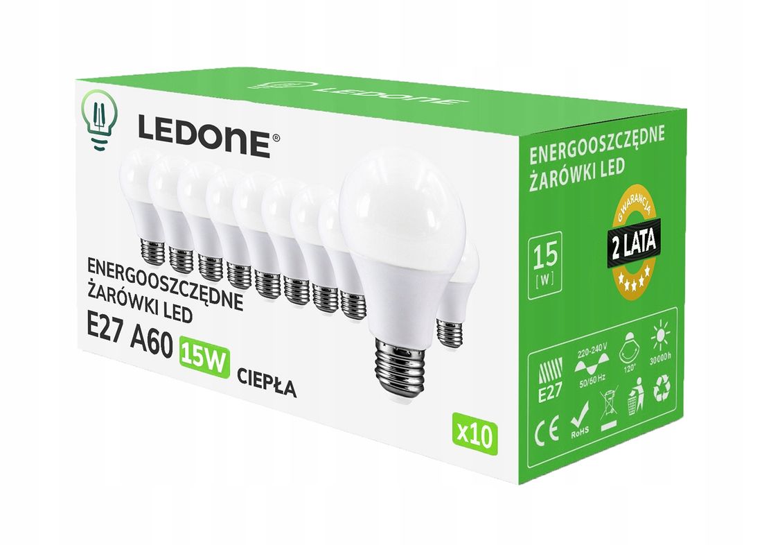 10x Żarówka LED E27 A60 15W Barwa biała CIEPŁA Premium Zestaw LEDOWY ...