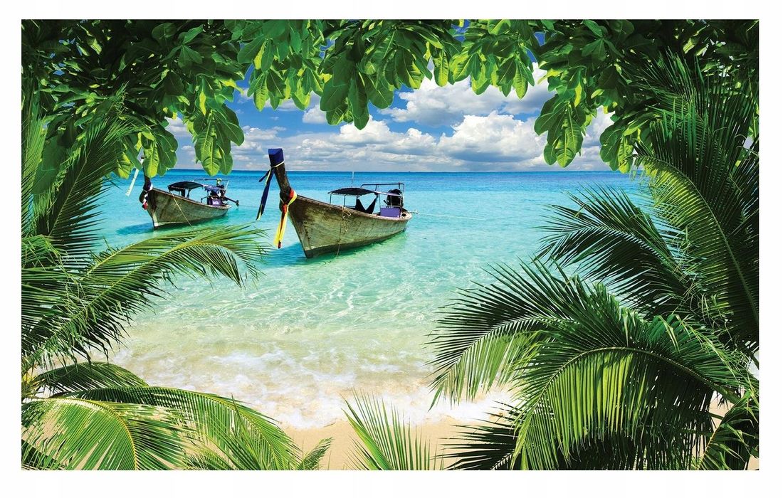 FOTOTAPETA LIŚCIE PLAŻA MORZE ŁÓDKA OCEAN HAWAJE TAPETA ŚCIENNA 368x254 ...