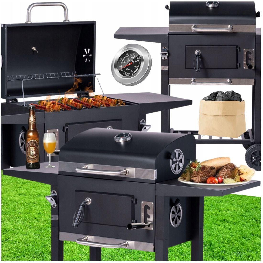 Grill Węglowy Gril Ogrodowy Duży Żeliwny Ruszt Pokrywa Popielnik ...