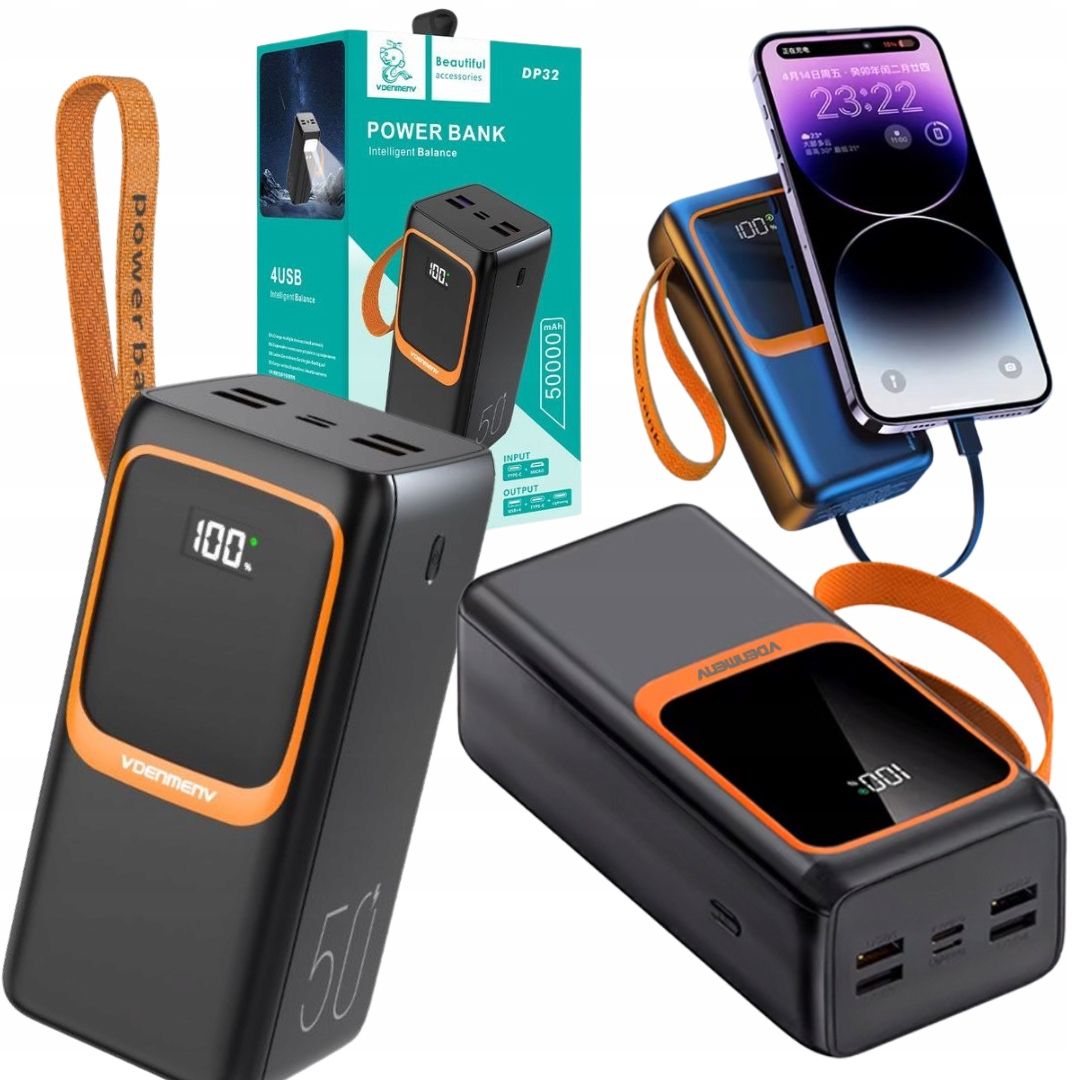 Potężny POWER BANK 50000mAh Bateria Zewnętrzna DENMEN Czarny kable ...