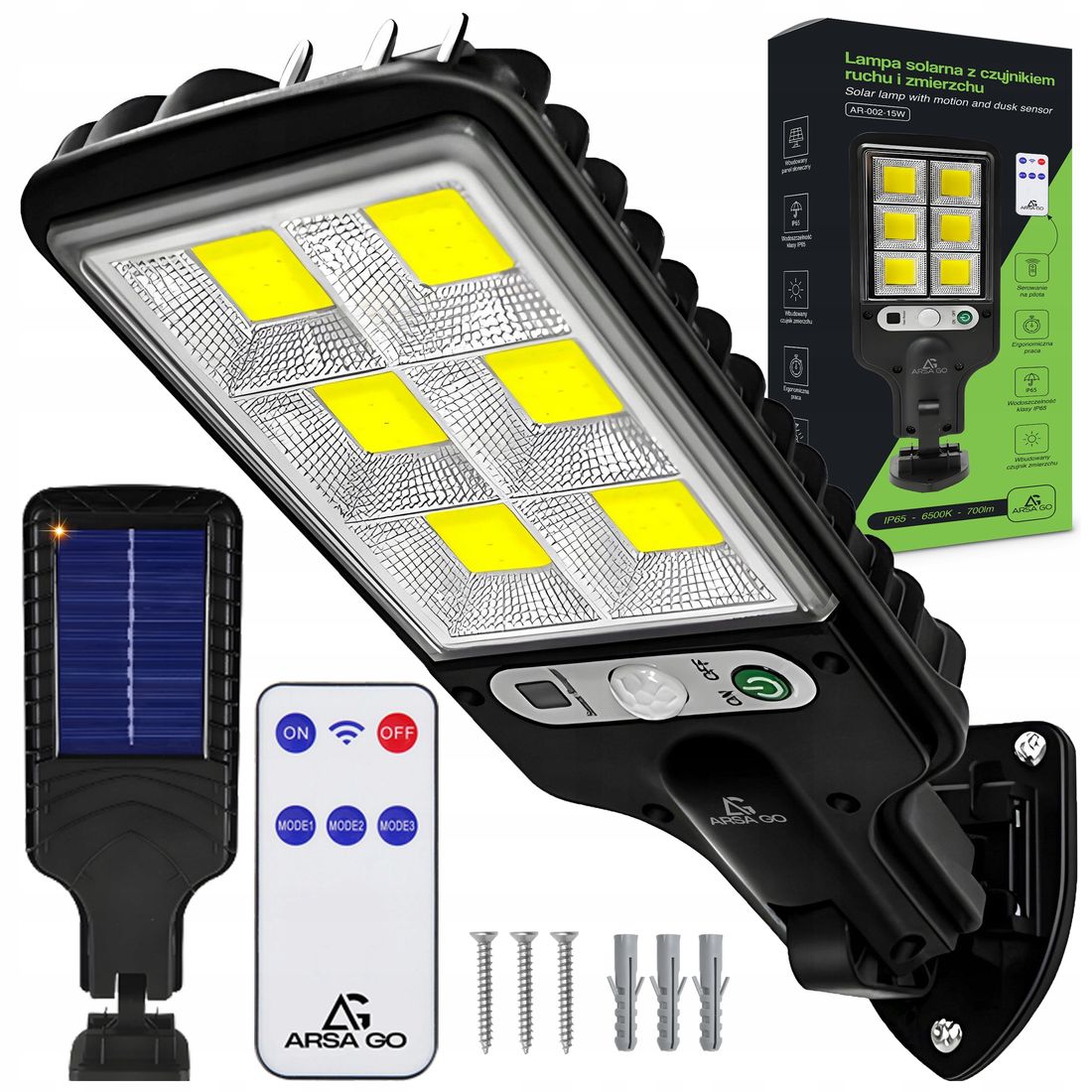 MOCNA LAMPA SOLARNA LED OGRODOWA ULICZNA CZUJNIK RUCHU I ZMIERZCHU PILOT – 246918886 - ERLI.pl