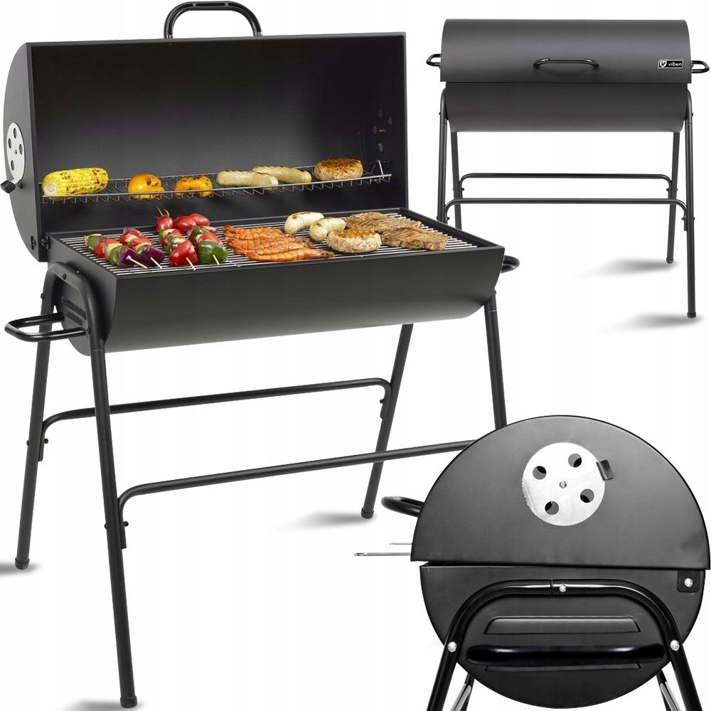 DUŻY GRILL WĘGLOWY OGRODOWY ZAMYKANY STOŁOWY Z POKRYWĄ PÓŁKĄ BECZKA BBQ ...