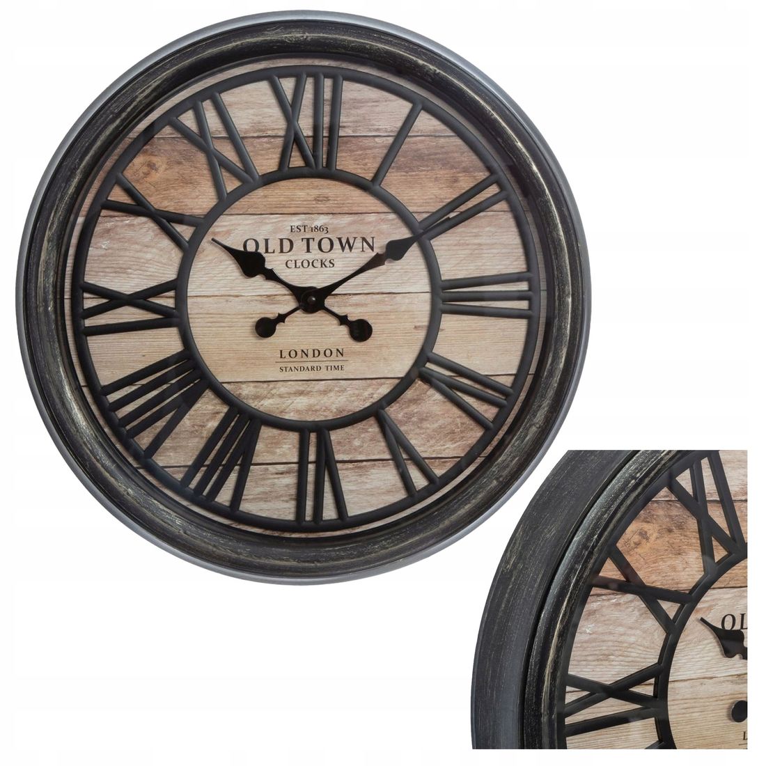 Zegar ścienny dekoracyjny okrągły rzymskie cyfry brązowy VINTAGE duży ...