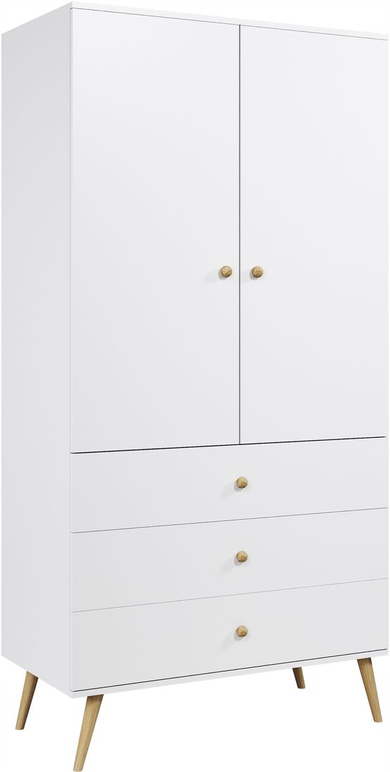 Szafa BOHO uchylna, drewniane nogi BIAŁY MAT trzy szuflady + drążek ...