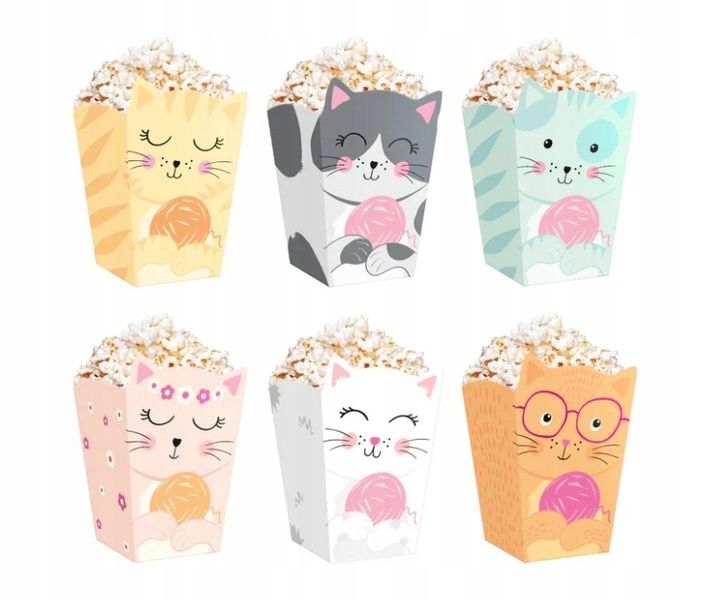 PUDEŁKA NA POPCORN CHIPSY KOTEK KOT KICIA KOTKI 6 SZT URODZINY KOTEK ...