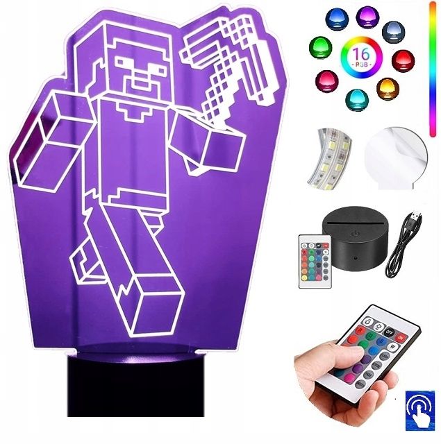 LAMPKA na SZKLE Minecraft Epic 3D LED RGB + PILOT 16 KOLORÓW ...