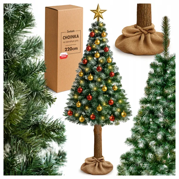 CHOINKA SZTUCZNA na pniu naturalnym GĘSTA ośnieżona JAK ŻYWA 220cm ...