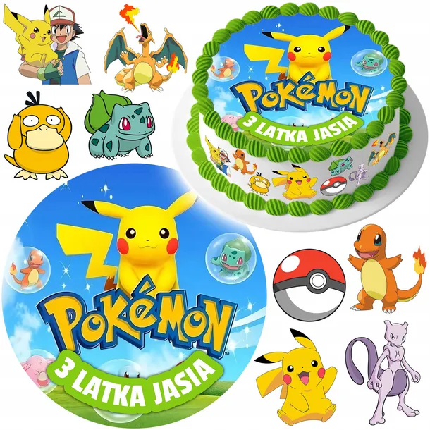 MEGA ZESTAW OPŁATEK NA TORT POKEMON GO ASH PIKACHU + 8szt POSTACI ...