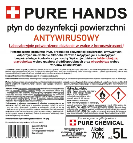 PŁYN DO DEZYNFEKCJI POWIERZCHNI PURE HANDS 70% 5L ANTYWIRUSOWY BEZ ...